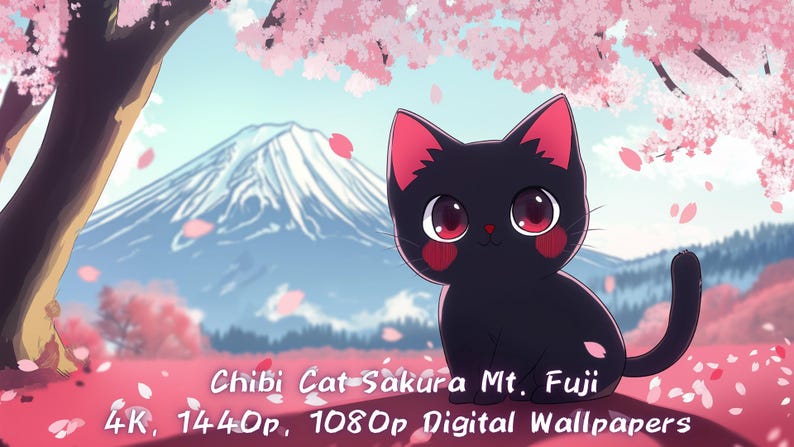 Chibi Cat, Sakura, Mt. Fuji, Digital Wallpaper, Japanese, Japan, 4K ...