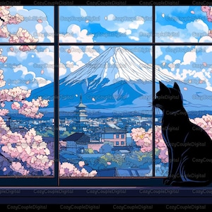 Stylized Cat Overlooking Japan Digital Wallpaper (4K, 1440p, 1080p) Cat ...
