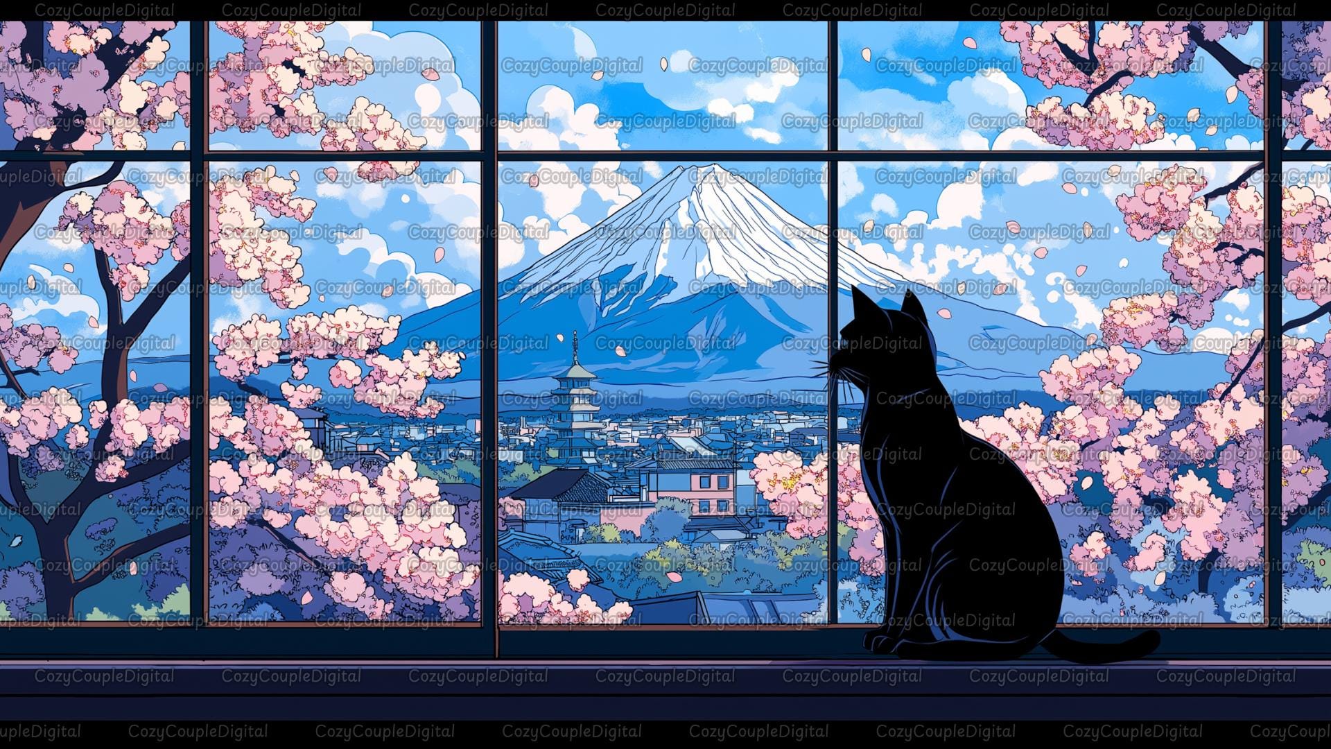 Stylized Cat Overlooking Japan Digital Wallpaper (4K, 1440p, 1080p) Cat ...