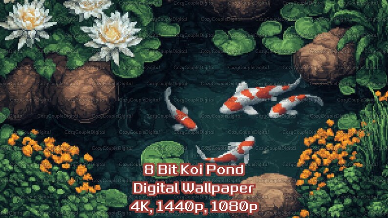 8 Bit Koi Pond Digital Wallpaper (4K, 1440p, 1080p) Koi Fish, Pond ...