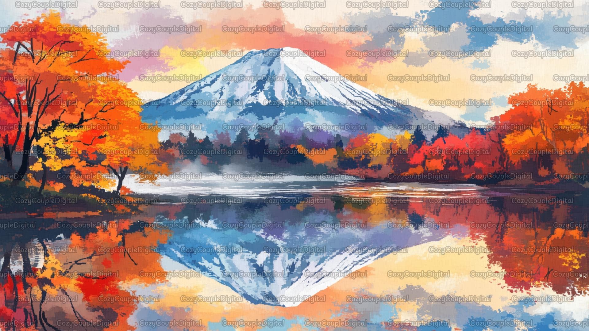 Mt. Fuji in Autumn Oil Painting Style Digital Wallpaper (4K, 1440p ...