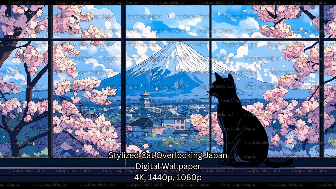 Stylized Cat Overlooking Japan Digital Wallpaper (4K, 1440p, 1080p) Cat ...