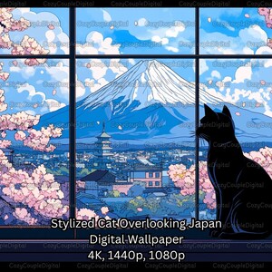 Stylized Cat Overlooking Japan Digital Wallpaper (4K, 1440p, 1080p) Cat ...