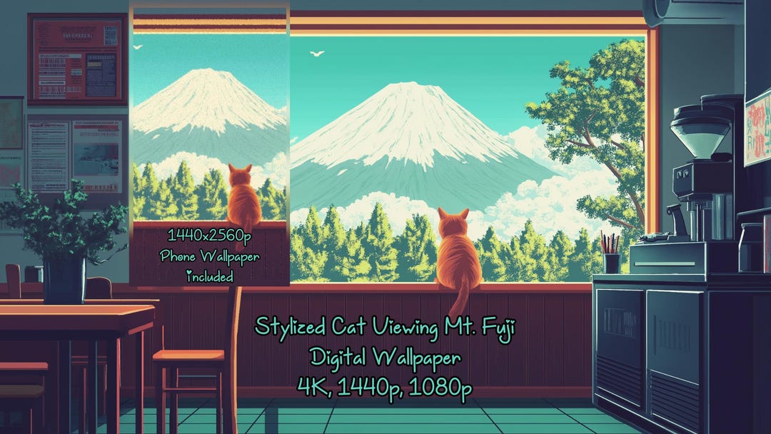 Stylized Cat Viewing Mt. Fuji Digital Wallpaper (4k, 1440p, 1080p ...