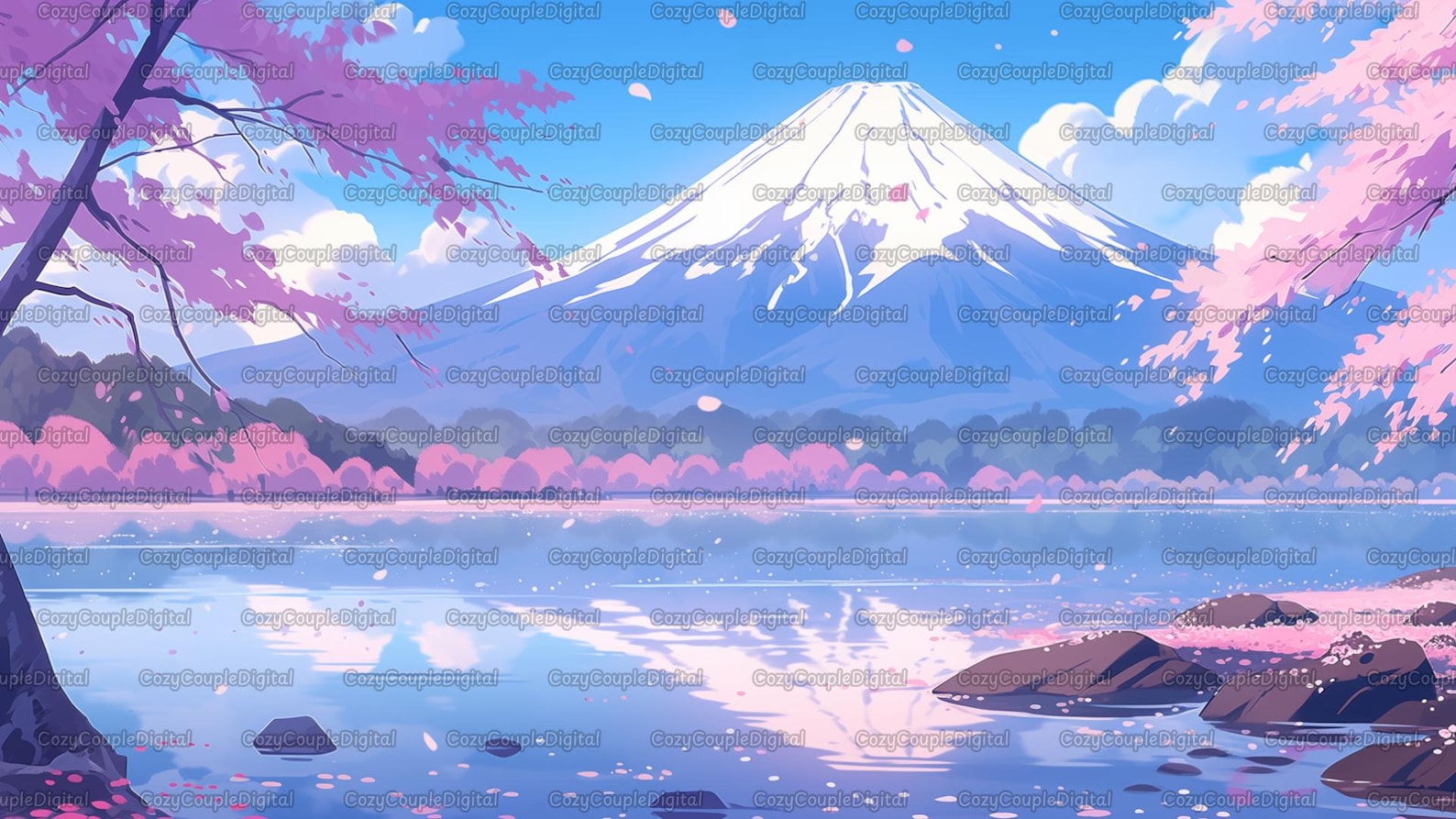 Stylized Lake With Mt. Fuji Digital Wallpaper (4K, 1440p, 1080p) - Etsy