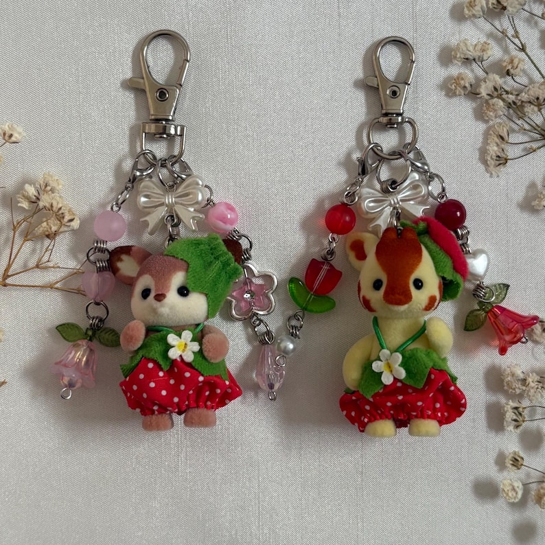 Calico Critter Fruit Keychain: Beaded Animal Keychain, Strawberry ...