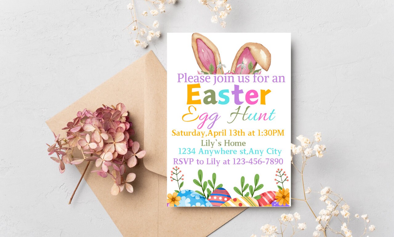 Editable Easter Egg Hunt Invitation Card, Easter Invite, Cute Bunny Ear ...