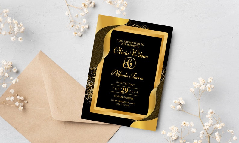 Black Gold Wedding Invitation Template Editable Invitation Unique ...