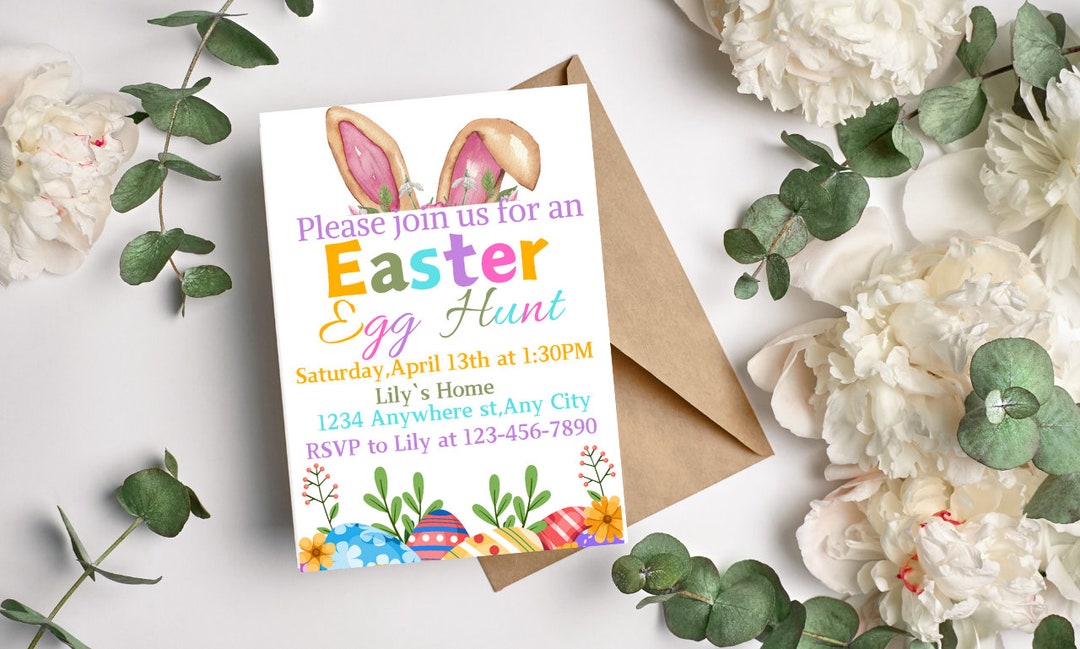 Editable Easter Egg Hunt Invitation Card, Easter Invite, Cute Bunny Ear ...