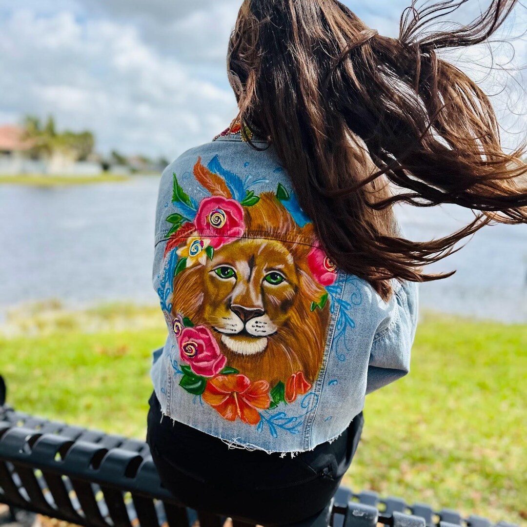 Unique and Exclusive Denim Jacket, Hand Painted Lion and Embroidered ...