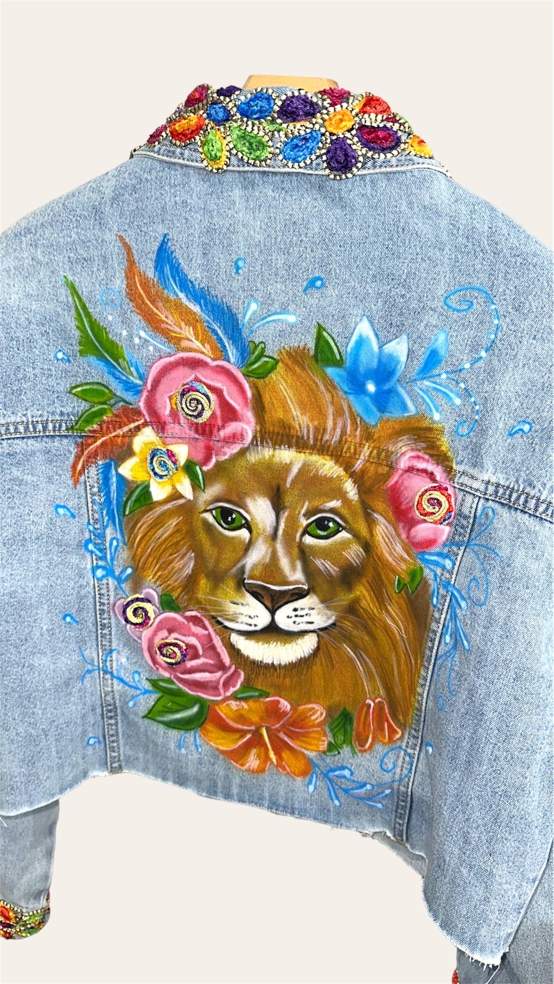 Unique and Exclusive Denim Jacket, Hand Painted Lion and Embroidered ...