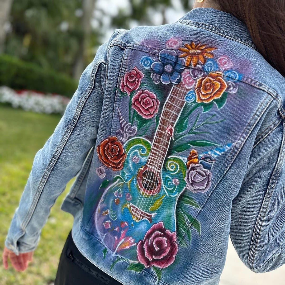 Unique and Exclusive Denim Jacket, Hand Painted Guitar, Streetwear Blue ...