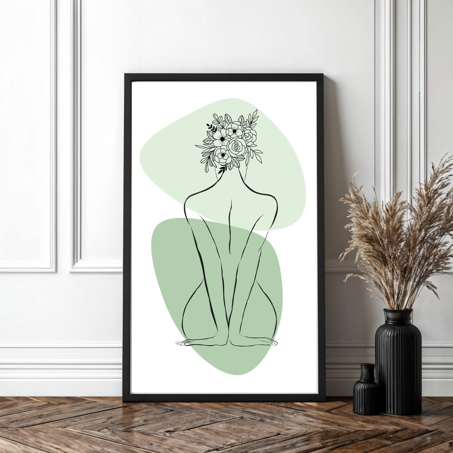 Floral Woman Line Drawing Art, Green Abstract Shape Art Print, Feminine ...