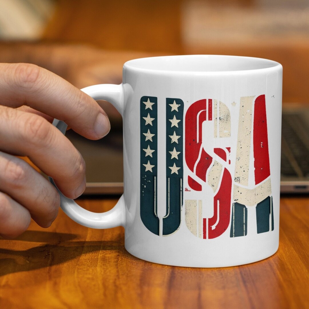 Vintage USA Patriotism Mug, American Flag Design Coffee Cup, 11oz Black ...
