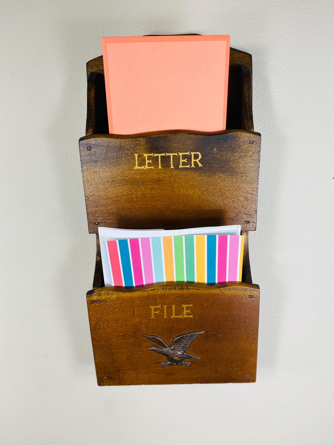 Vintage Letter Organizer. Wall Mail and Note Holder. Solid Wood. Two ...