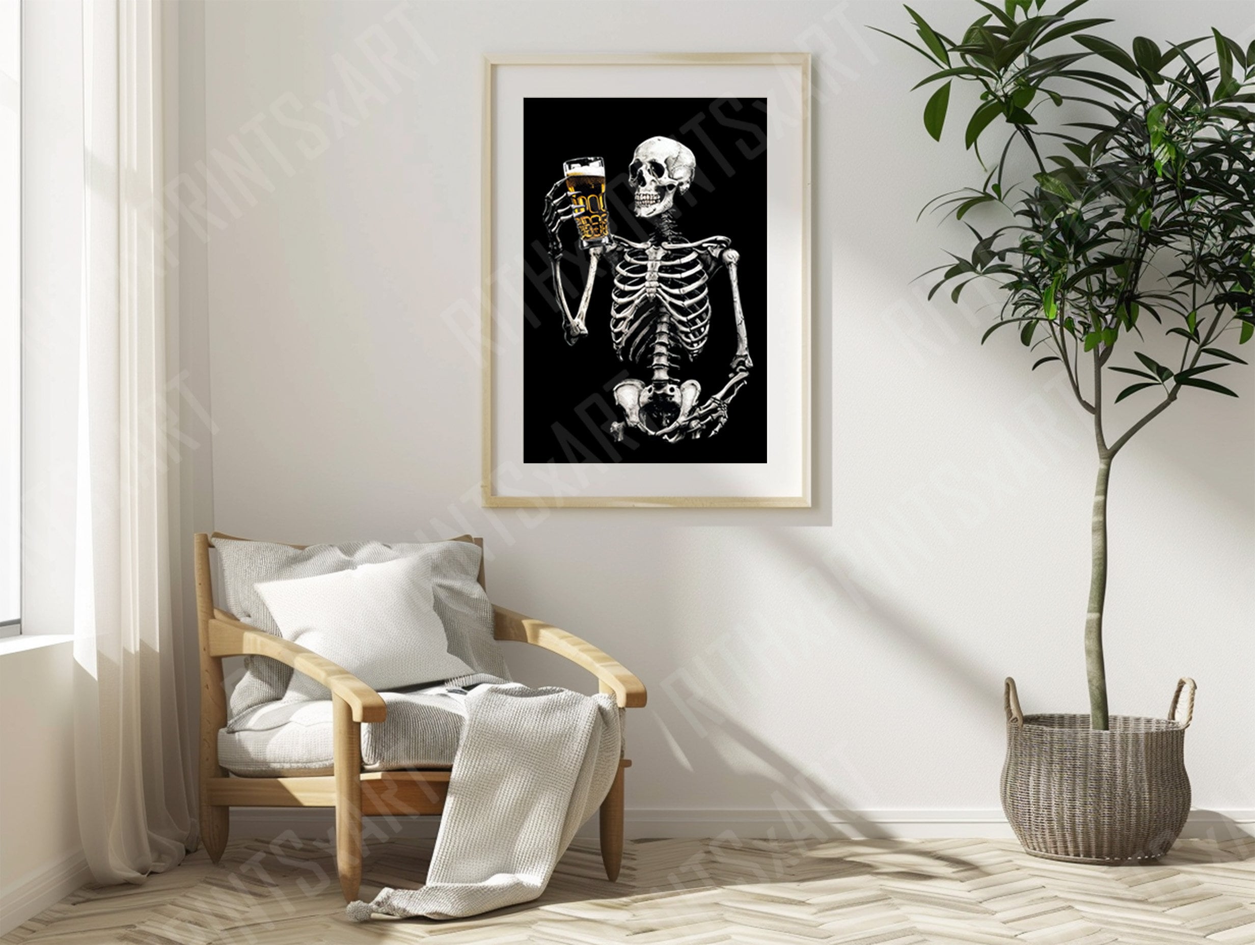 Skeleton Drinking Beer, Skeleton Art Print, Halloween Printable ...