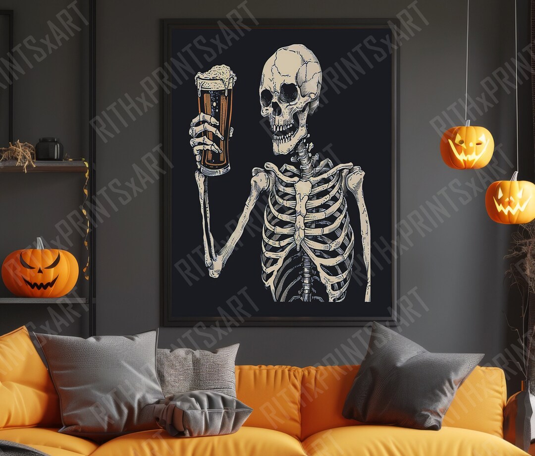 Skeleton Drinking Beer, Skeleton Art Print, Halloween Printable, Halloween Funny, Halloween Wall ...