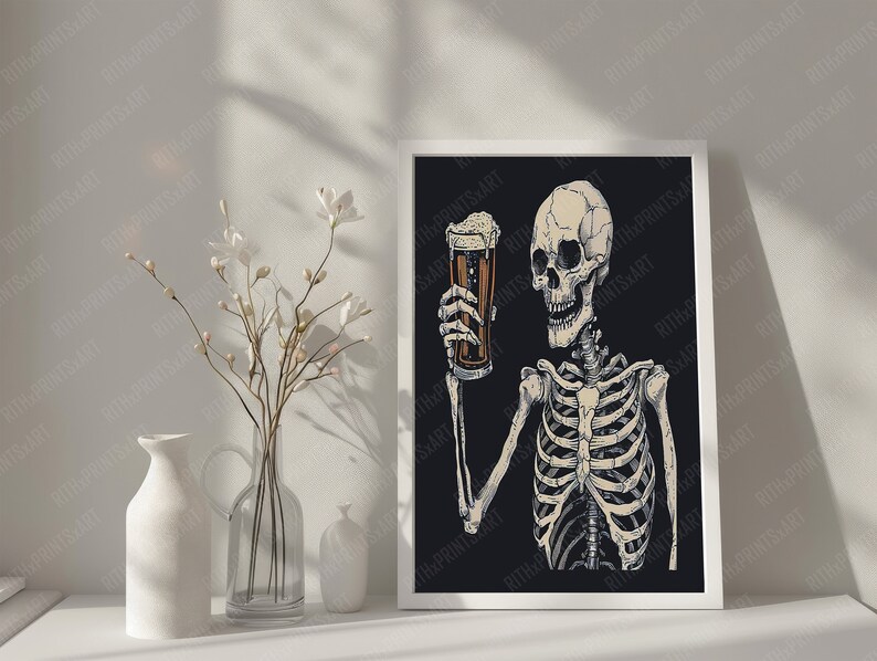 Skeleton Drinking Beer, Skeleton Art Print, Halloween Printable, Halloween Funny, Halloween Wall ...
