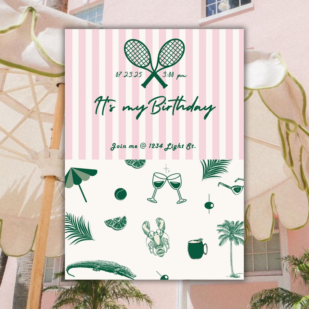 Vintage Beach Club Birthday Invitation | Editable Canva Template ...