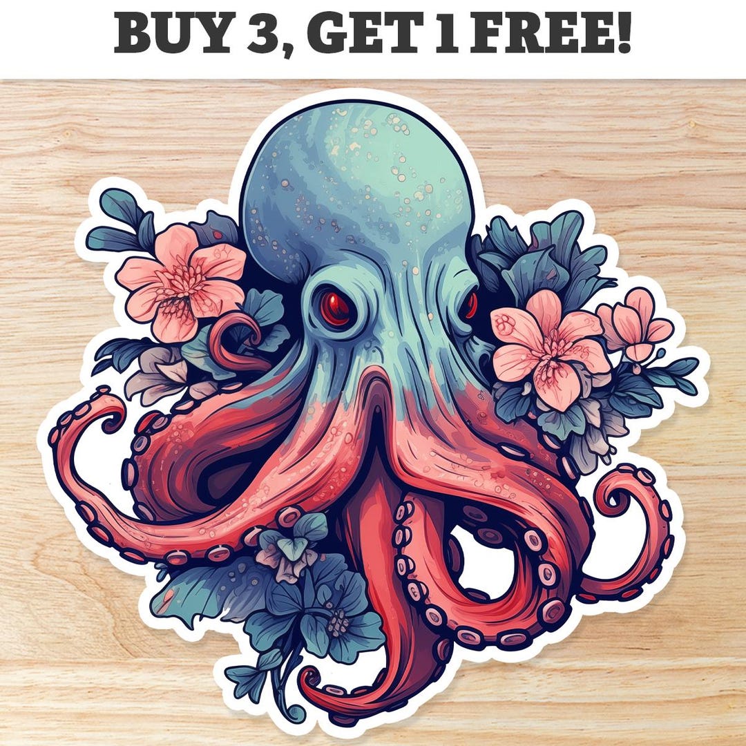 Octopus Sticker Floral Hand Drawn Sticker Vinyl Stickers Tumbler ...