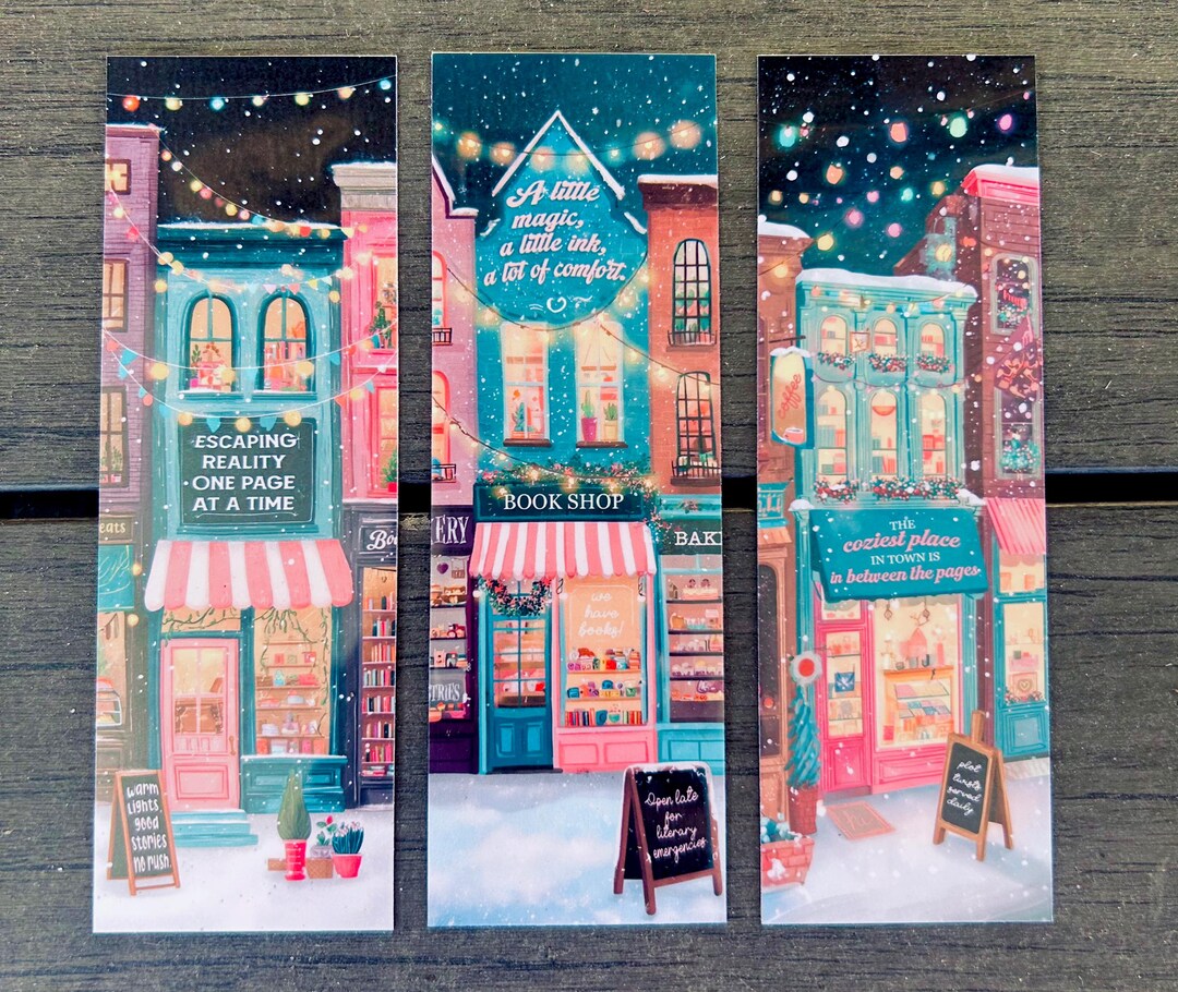 Set of 3 Bookmarks: Cozy Winter Bookshop Storefront - Etsy