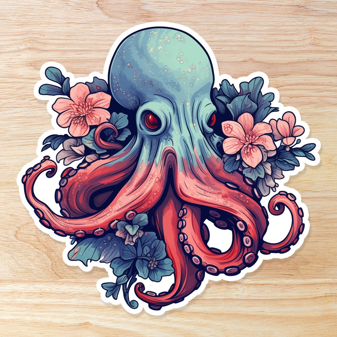 Octopus Sticker Floral Hand Drawn Sticker Vinyl Stickers Tumbler ...