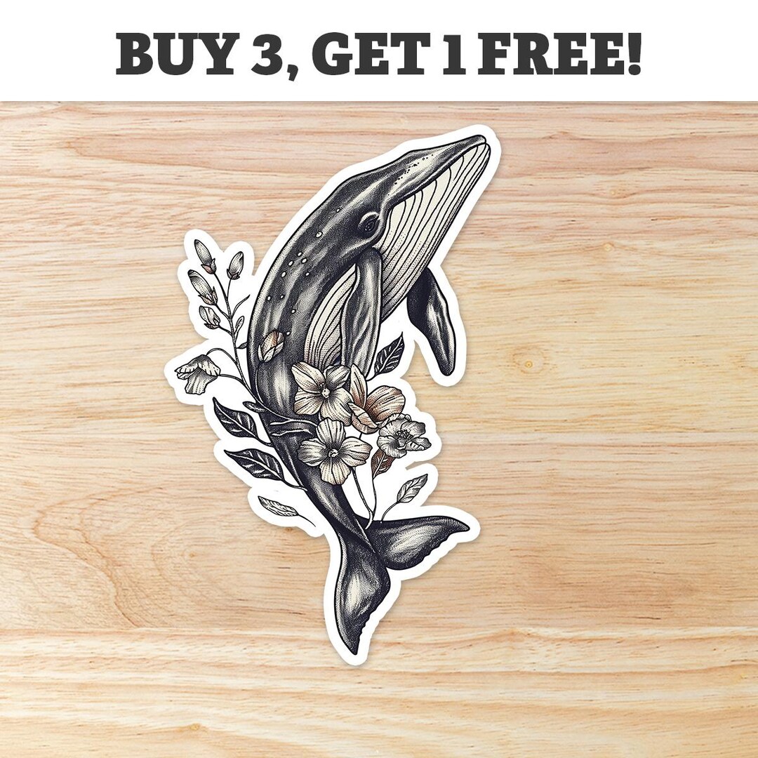 Tattoo Style WHALE Sticker - Floral - Etsy