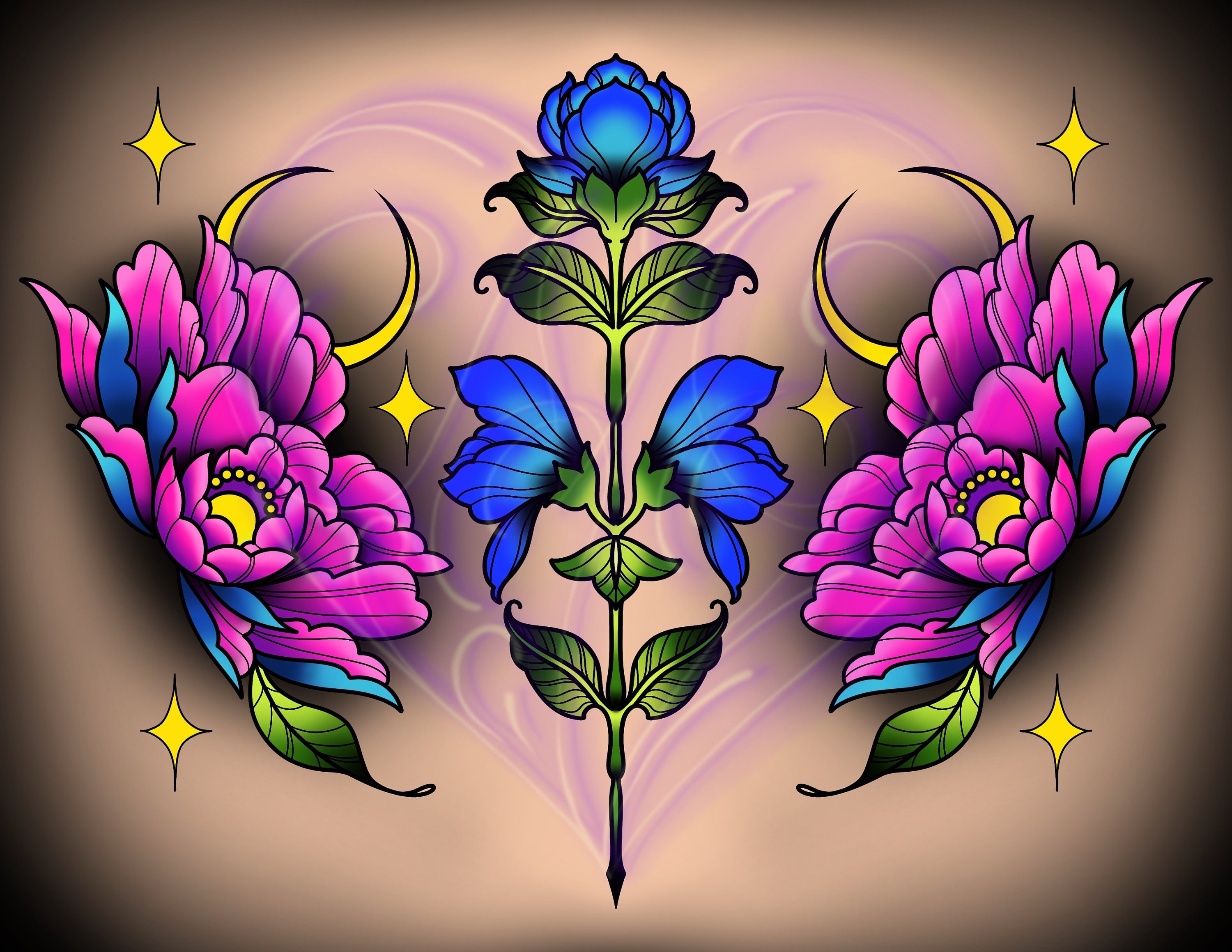 Neo-traditional Flowers - Etsy