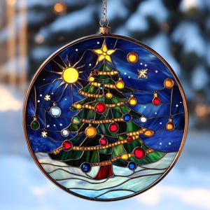 SALE 30% Christmas Tree Stained Glass Suncatcher, Holiday Tree Ornament ...