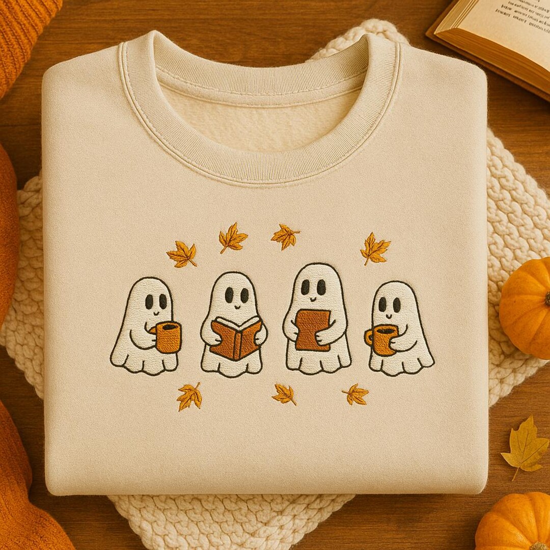Embroidered Reading Ghost Sweatshirt, Cute Ghosts Reading Books Autumn ...