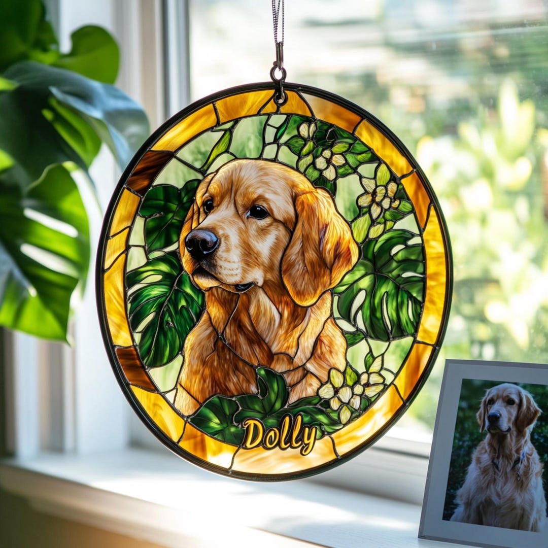 Custom Dog Portrait Stained Glass Suncatcher, Stained Glass Dog ...