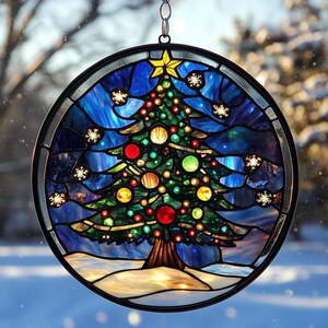SALE 30% Christmas Tree Stained Glass Suncatcher, Holiday Tree Ornament ...