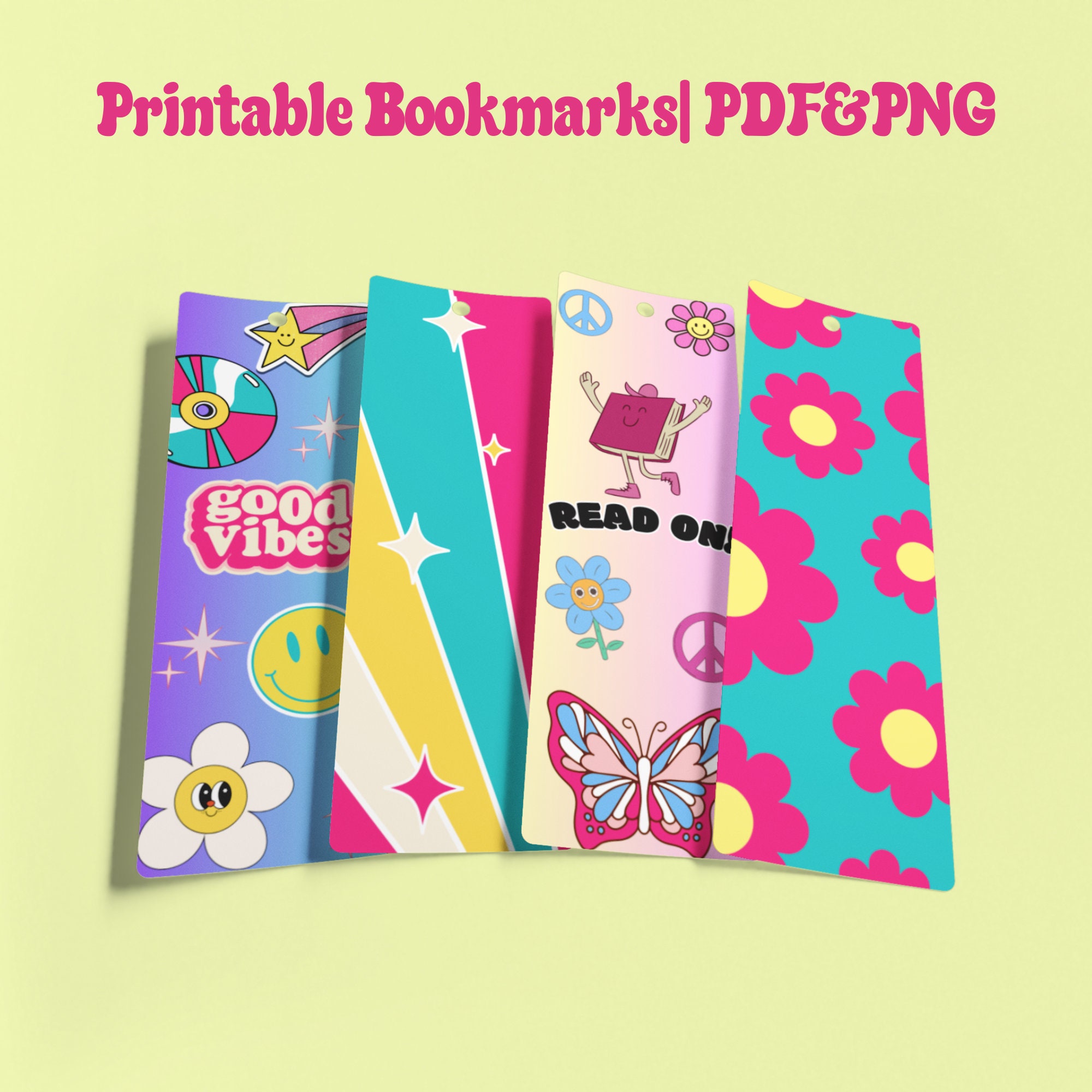 Groovy Retro Printable Bookmark Set,8 Cute Colorful Instant Download ...