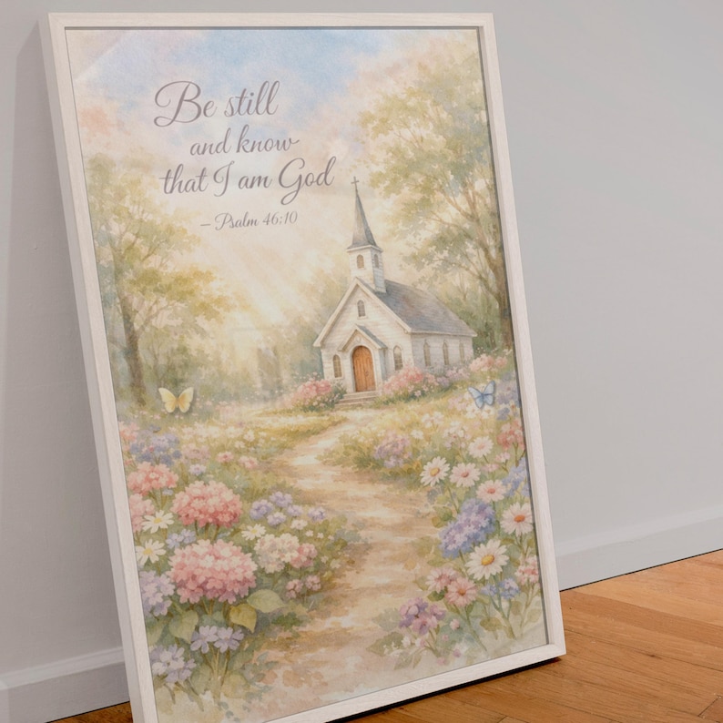 Christian Wall Art Printable, Psalm 46:10 Country Church Floral Decor ...