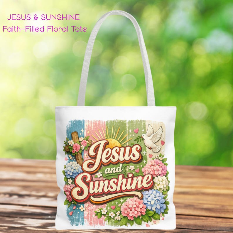 Jesus and Sunshine Floral Tote Bag, Faith Hydrangea Cross Christian Bag ...