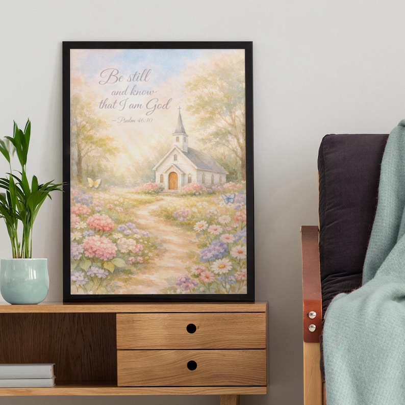 Christian Wall Art Printable, Psalm 46:10 Country Church Floral Decor ...