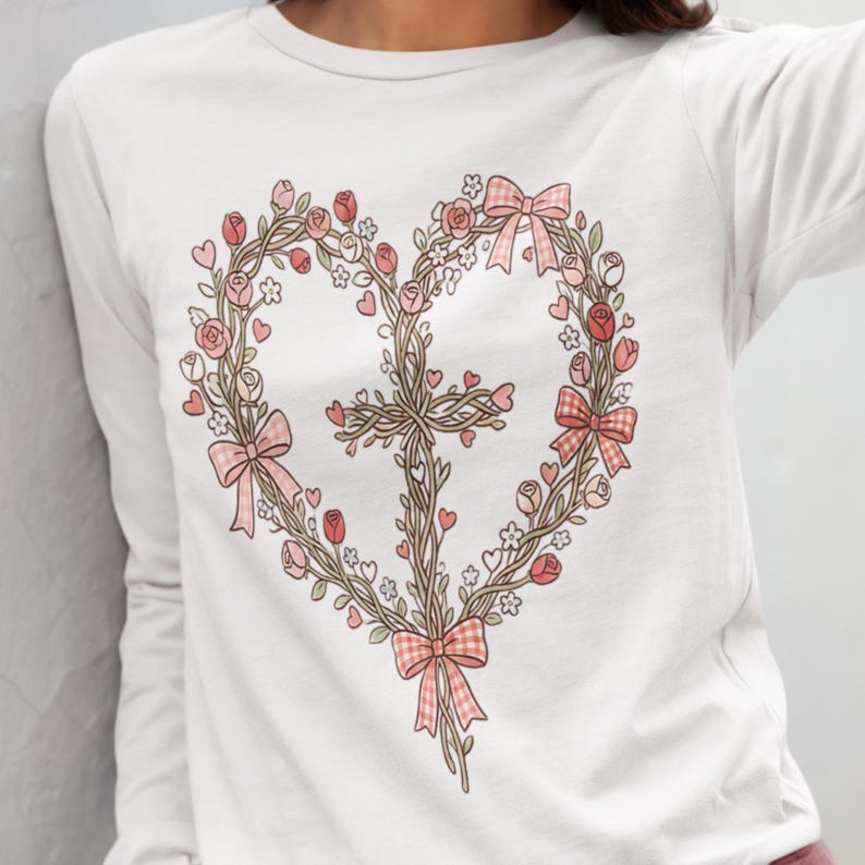 Floral Heart Cross PNG, Christian Valentine Design, Coquette Faith ...