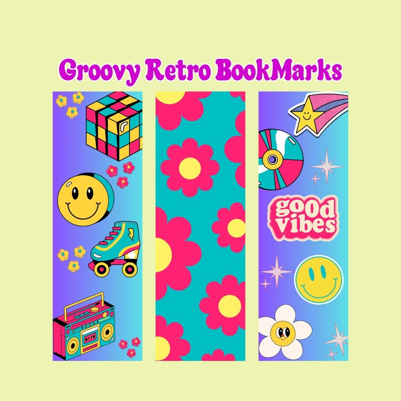 Groovy Retro Printable Bookmark Set,8 Cute Colorful Instant Download ...