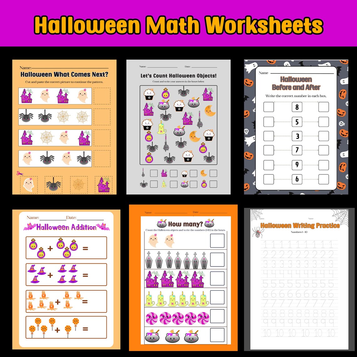 Halloween Math Practice Worksheets, Fun and Educational,12 Printable ...