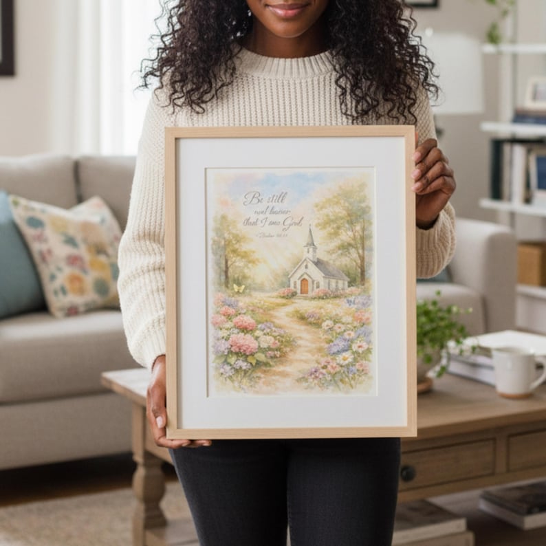 Christian Wall Art Printable, Psalm 46:10 Country Church Floral Decor ...