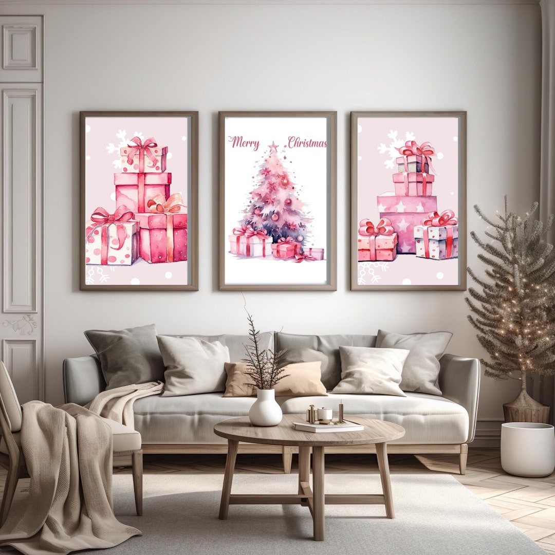 Pink Christmas Watercolor Print Set: Retro Holiday Wall Art (digital ...