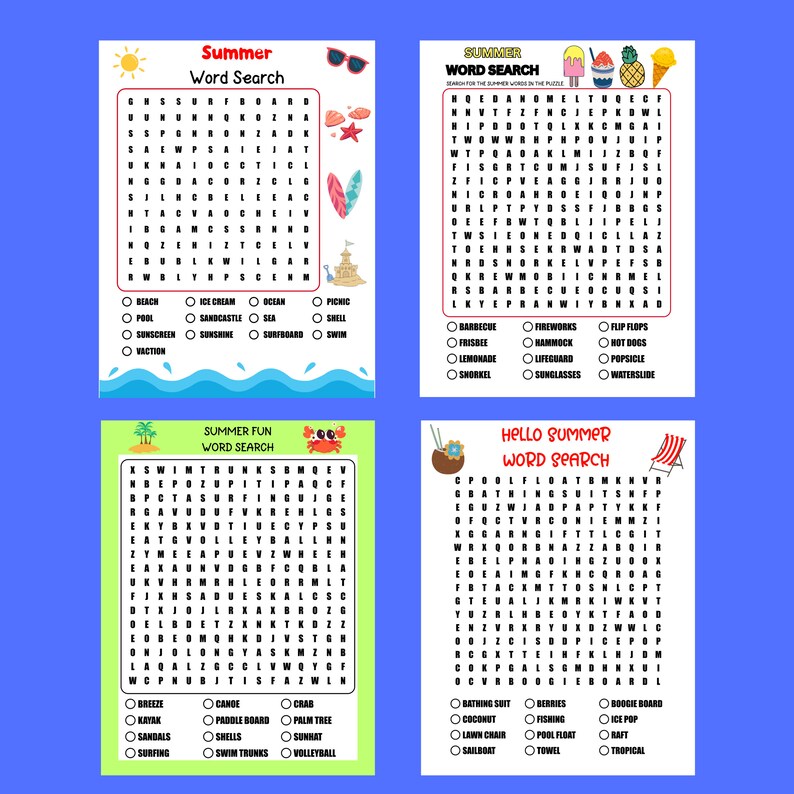 Summer Word Search for Kids: 4 Fun Printable Activities (digital ...