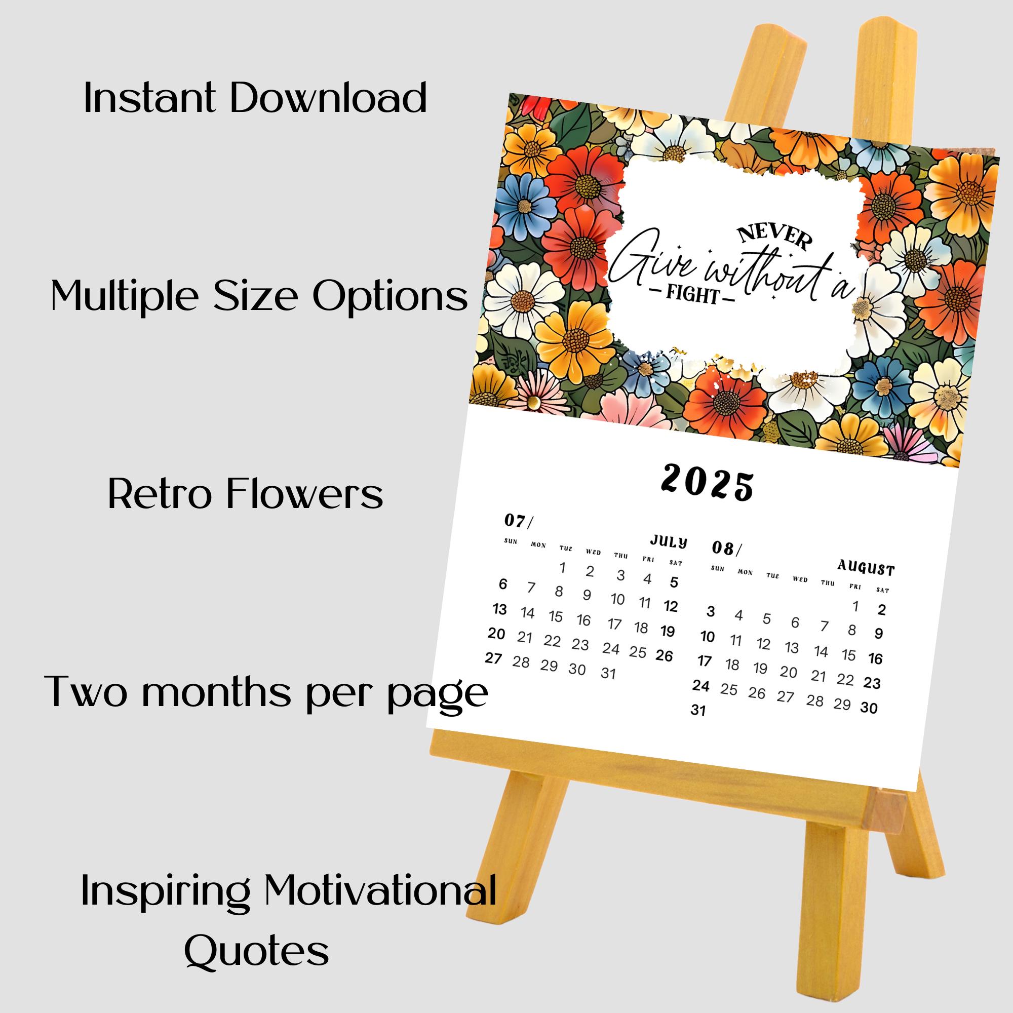 2025 Printable Calendar, Retro Flowers Calendar With Inspirational ...