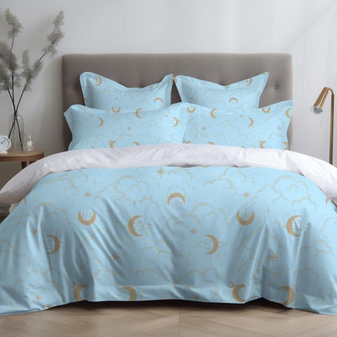 Duvet Cover With Moon and Stars - Celestial Theme Duvet, Light Blue ...