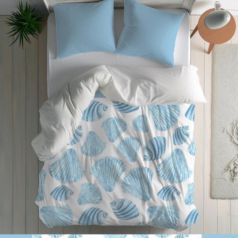 Coastal Seashell Duvet Cover: Ocean Blue Watercolor Beach Bedding - Etsy