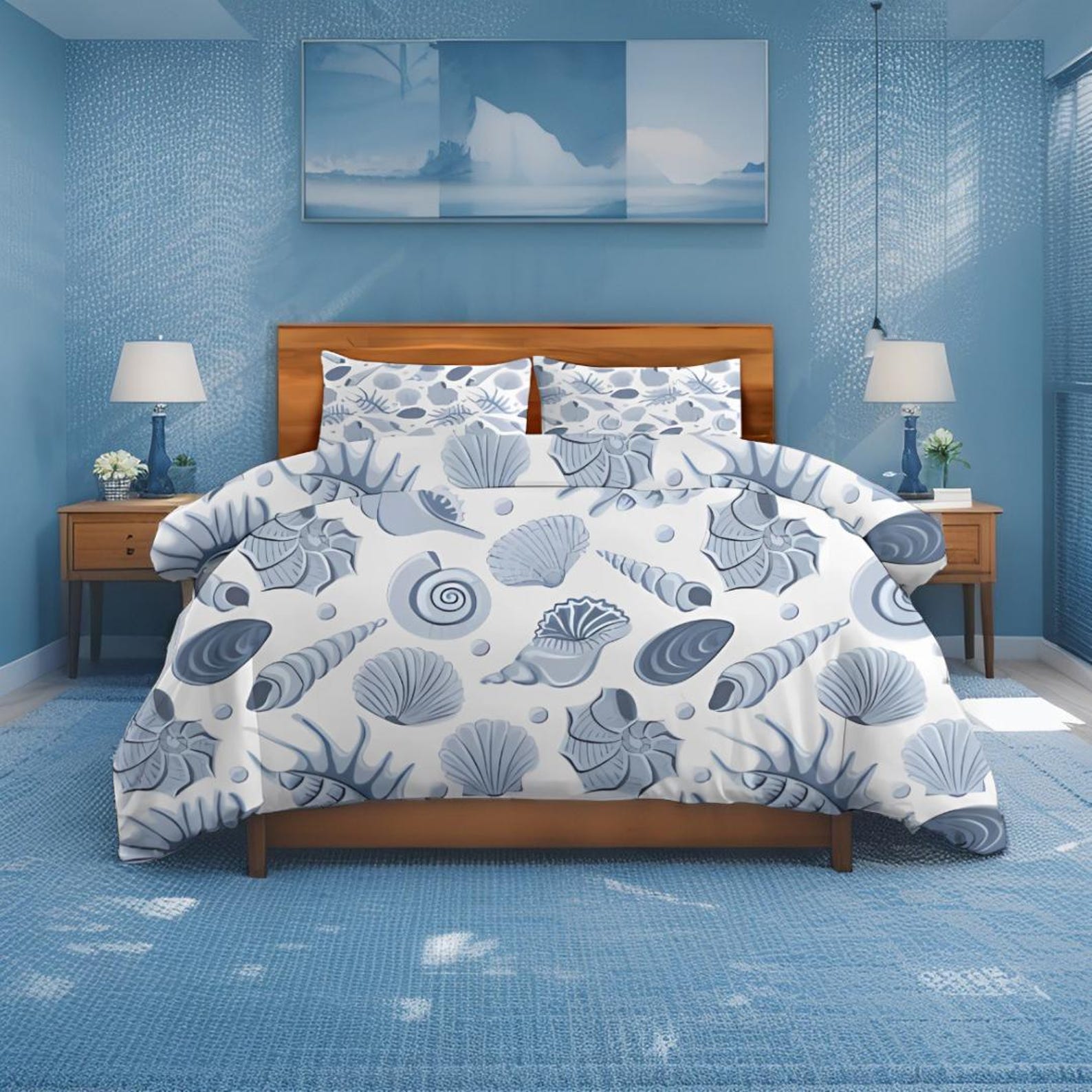 Blue Seashell Bedding Beach Theme Coastal Bedroom Nautical Decor Ocean ...