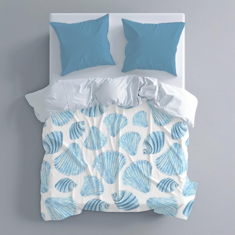 Coastal Seashell Duvet Cover Beach Themed Bedding Ocean Blue Shell ...
