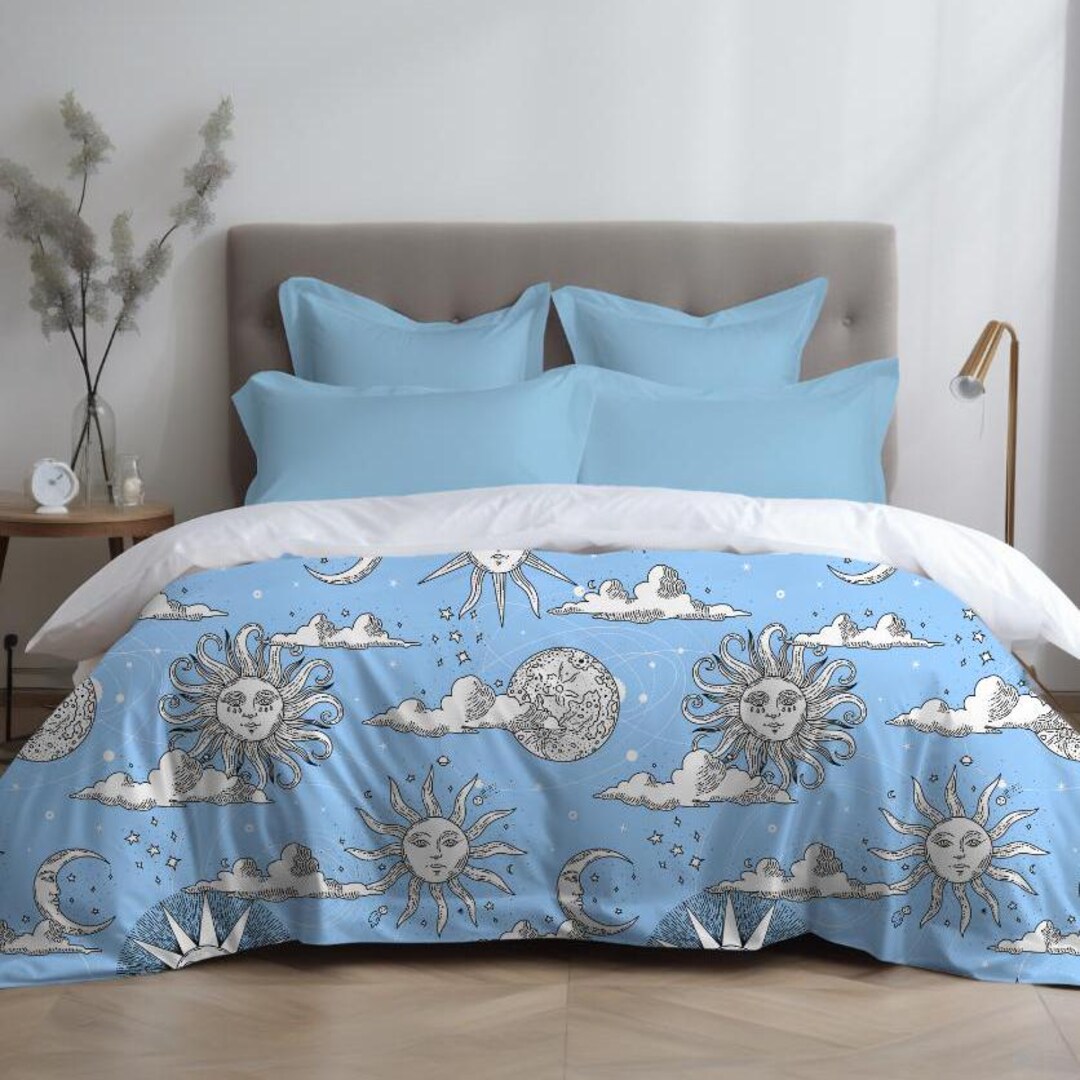 Celestial Duvet Cover Sun Moon and Stars Decor Light Blue Bedding ...