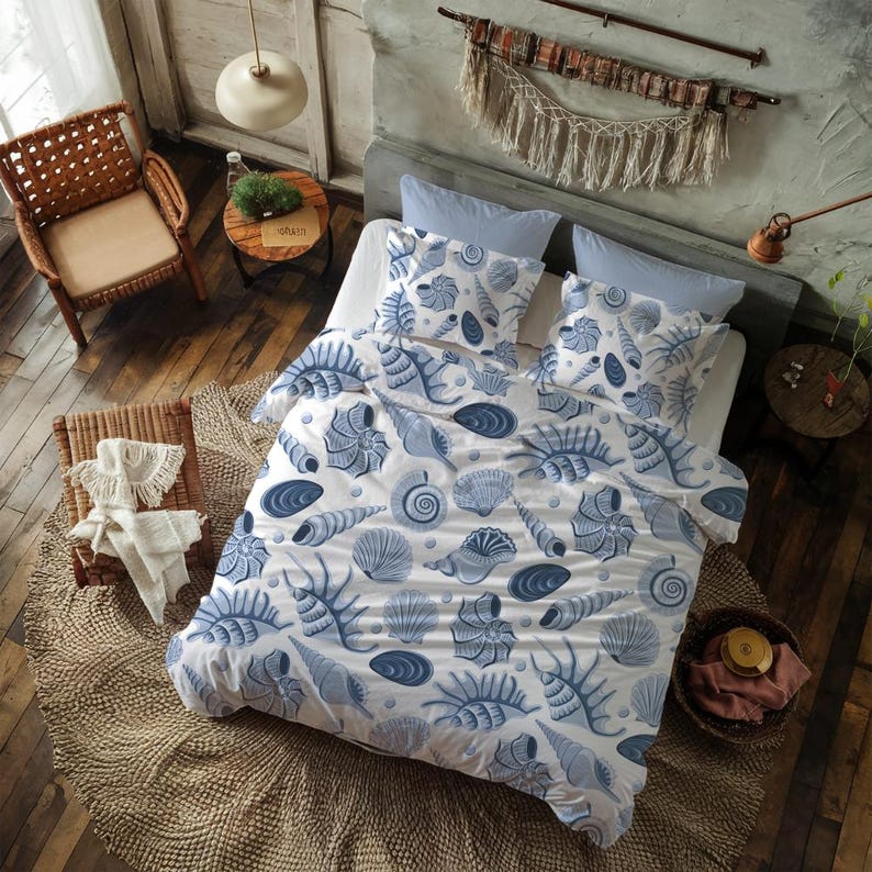 Blue Seashell Bedding Beach Theme Coastal Bedroom Nautical Decor Ocean ...