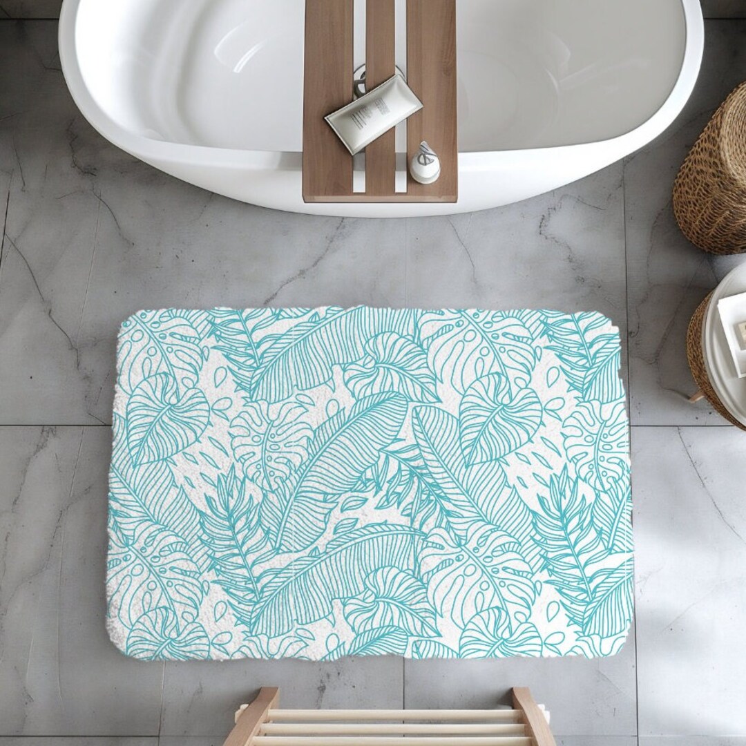 Memory Foam Bath Mat Tropical Bathroom Blue Palm Leaves Pattern Coastal ...